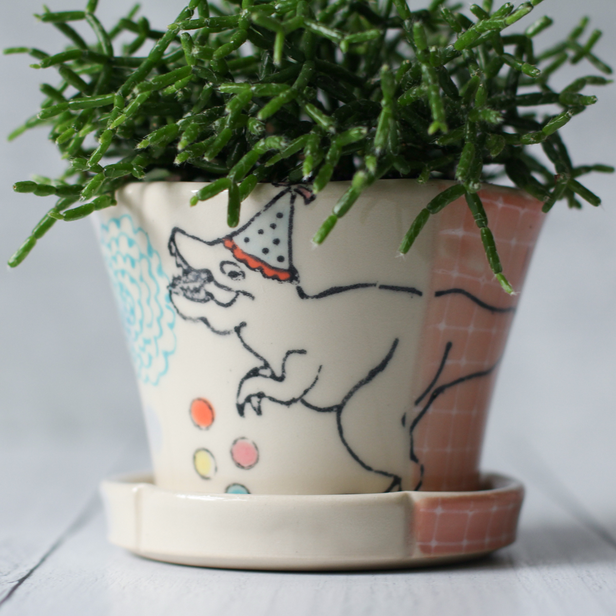 Planter with Saucer and Altered Rim - Party T-Rex - Abby Berkson Ceramics